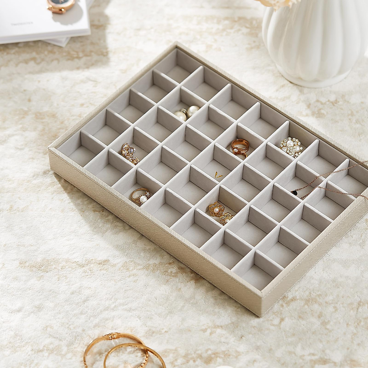 VEE&CO. Stackable Jewelry Organizer Trays for Drawers, Jewelry Drawer Inserts Container Display Case Storage for Earring Necklace Rings Bracelet with Removable Dividers