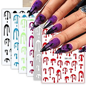 OCOUYVD 12Sheets Halloween Blood Nail Art Stickers Colorful Red Bloody 3D Self-Adhesive Nail Decals Halloween Scary Acrylic Nail Decorations for Women Girls Holiday DIY Manicure Supplies