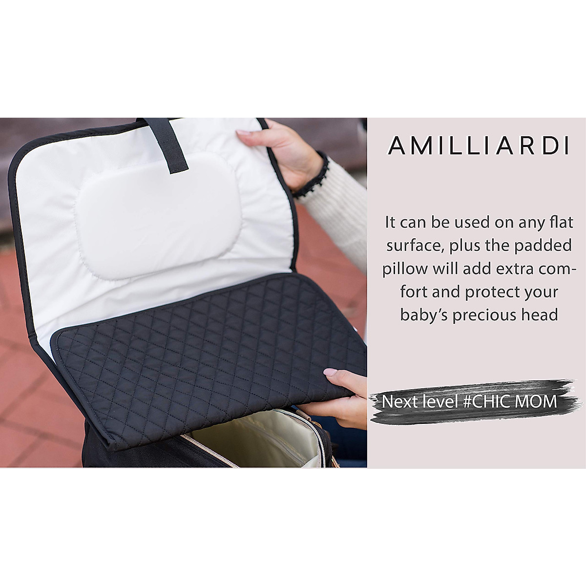 Portable Diaper Changing Pad Stylish & Chic by AMILLIARDI for Travel w/Baby, Infant & Newborn, Changing Mat Portable (Black)