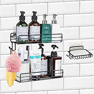 4-Pack Shower Caddy, No Drilling Adhesive Shower Shelf, Rustproof Stainless Steel Bathroom Shower Organizer Storage, Shower Shelf for Inside Shower & Kitchen Storage, Black