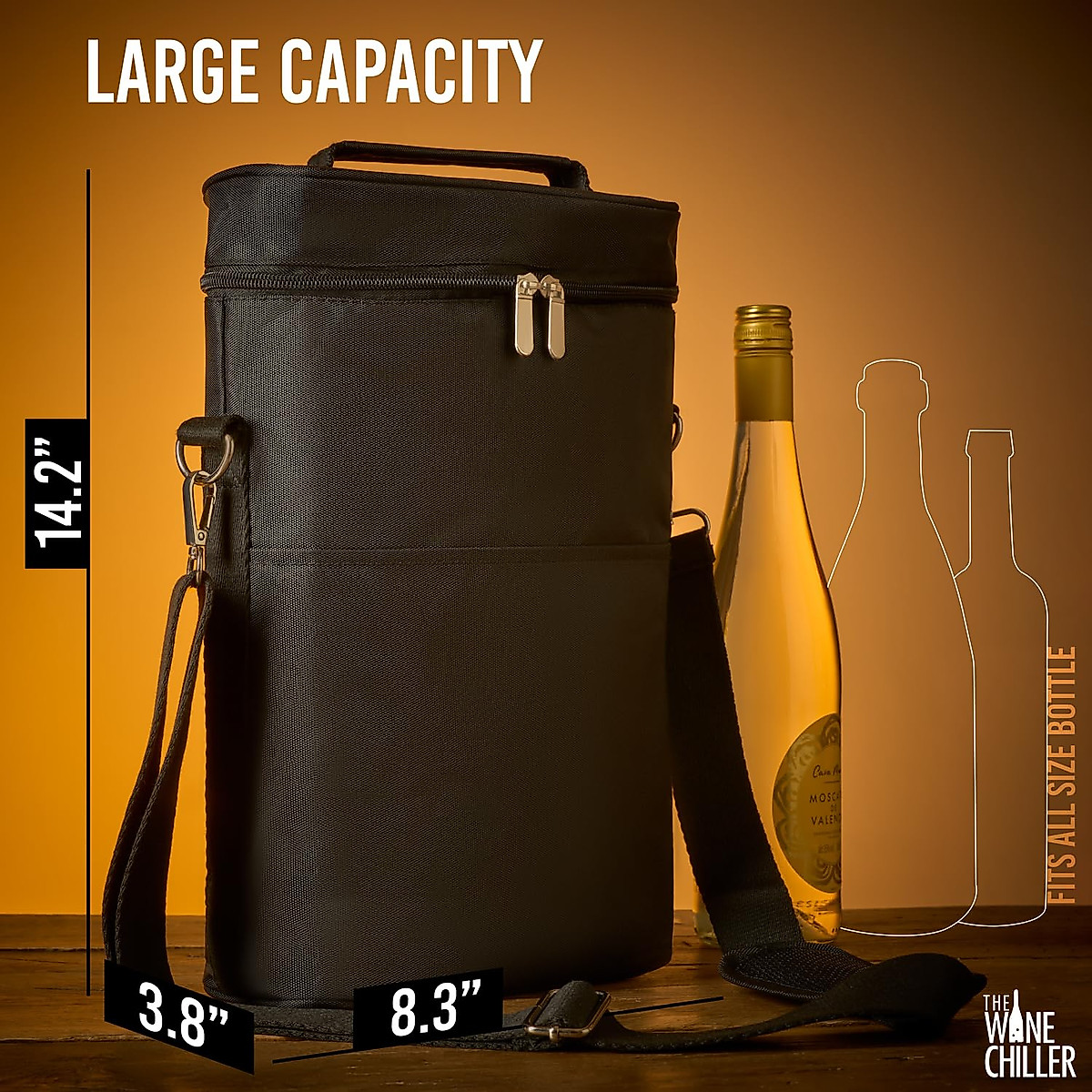 Wine Chiller Cooler Bag - Insulated Tote for 2 Bottles, Perfect Wine Accessories and Gifts, Black with Silver Buckles