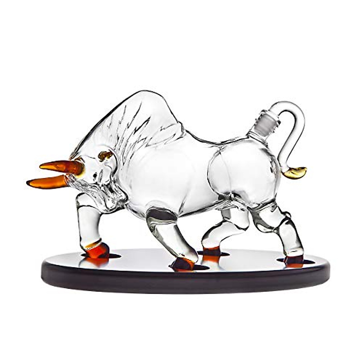 Animal Whiskey Decanter Bull On Wooden Display Tray - For Liquor Scotch Vodka or Wine - 500ml