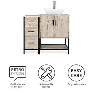 eclife 36" Bathroom Vanity Sink Combo Modern Metal Stand Cabinet W/Bottom Shelf & Storage Side Cabinet White Square Vessel Sink & Water Save Faucet & Pop Up Drain, Oak (A07)