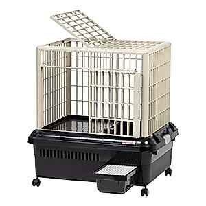 IRIS USA Large Plastic Rolling Rabbit Cage with Top Access Lower Waste Compartment and Caster Wheels, Easy Assembly Movable Small Pet House for Small-Sized Pets Animals, Black/Off-White
