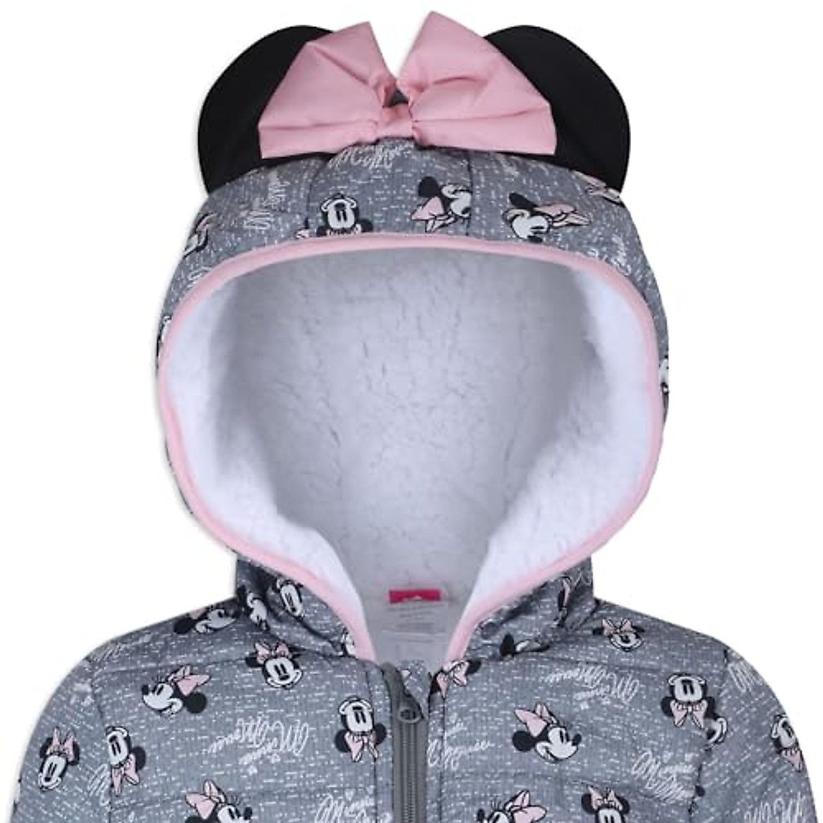 Disney Girl's Minnie Mouse Print Hooded Puffer Jacket with Ears and Pink Bow, Grey, Size 5