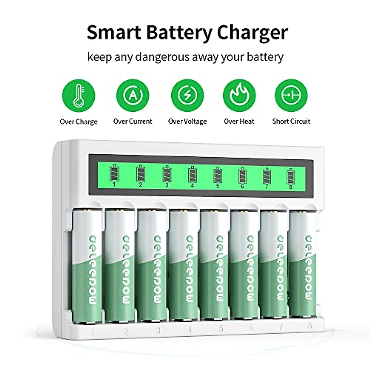 Deleepow 3200mAh Ni-MH AA Rechargeable Batteries High Capacity 8 Pack AA Batteries and 8-Bay AA AAA Individual Rechargeable Battery Charger