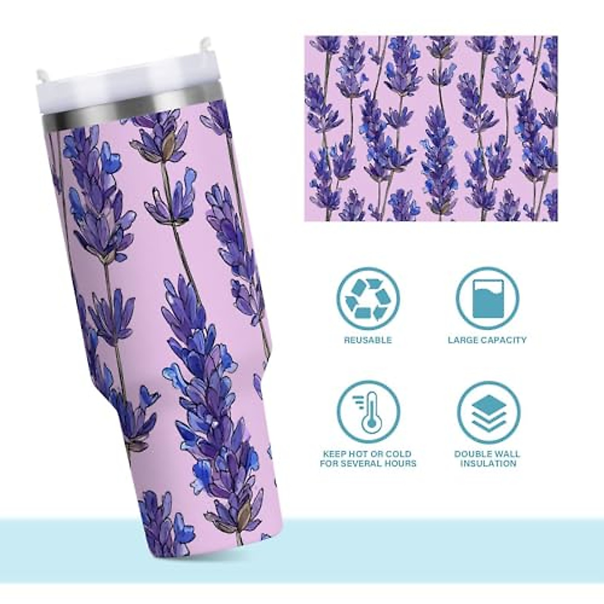 linqin Purple Lavenders Vacuum Insulated Tumbler with Lid and Straw 30 oz Large Water Bottle Reusable Mug with Handle for Water, Iced Tea or Coffee