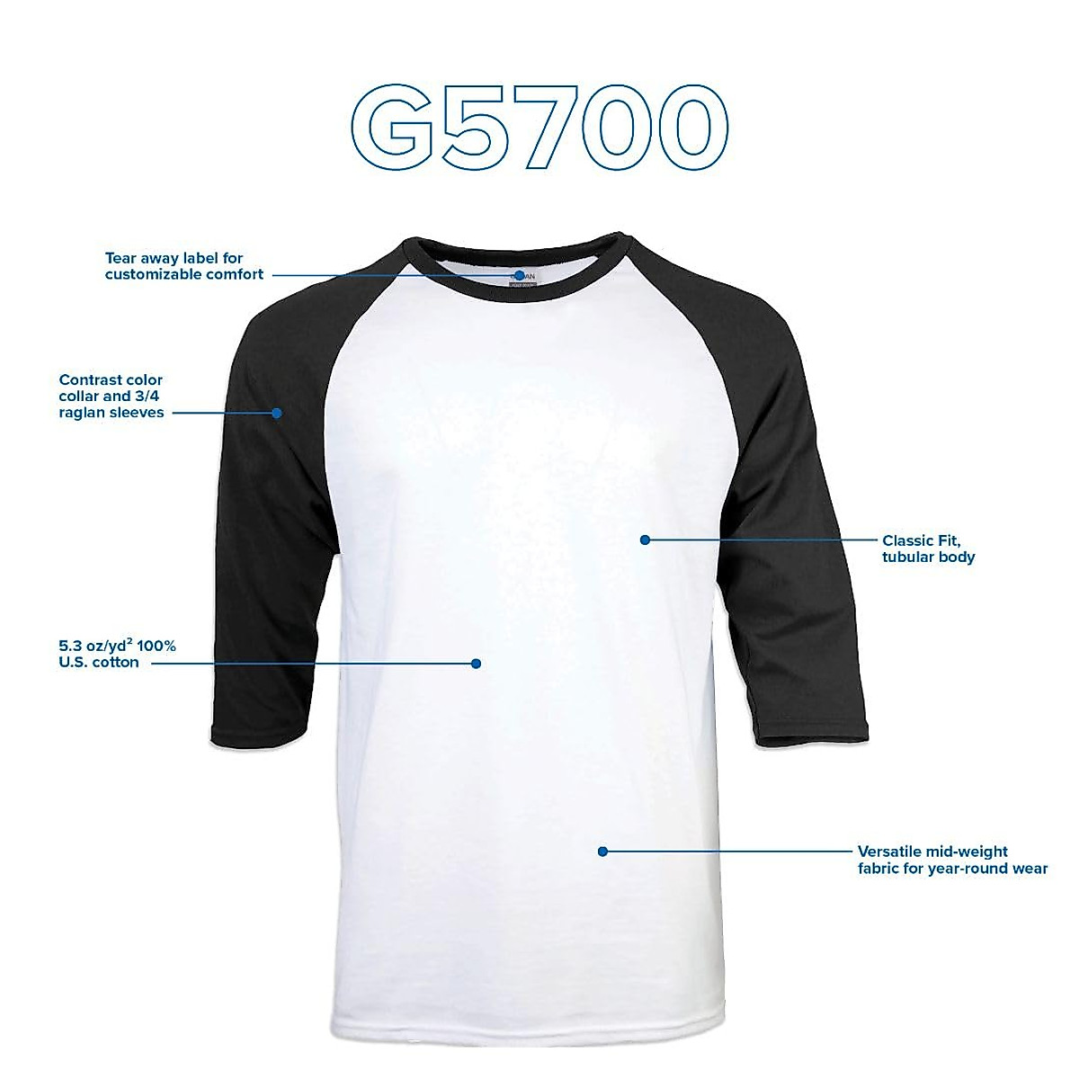 Gildan Adult Heavy Cotton 3/4 Raglan T-Shirt, Style G5700, 2 Cout (Pack of 1)