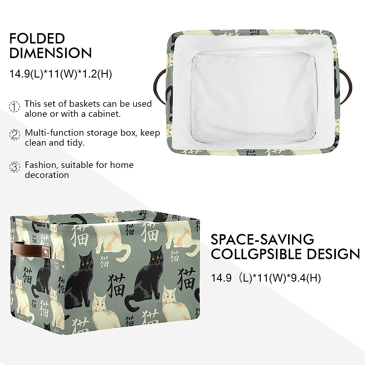 TropicalLife Funny Cats Asian Chinese Letter Storage Bin with Handle Collapsible Canvas Storage Basket Bag Cube Organizer for Bedroom Home Office Closet Shelve Clothes Toy,2PCS