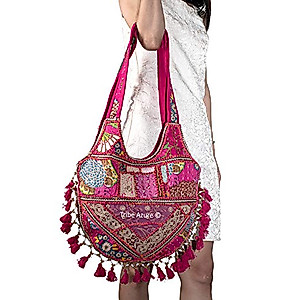 Tribe Azure Women Medium Shoulder Bag Tote Colorful Roomy Casual Boho Purse Travel Beach Top Handle Tassel Bright (PINK)
