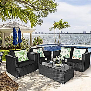 HAPPYGRILL 4 Pieces Patio Conversation Set Outdoor Rattan Furniture Set with Tempered Glass Tabletop & Removable Cushions Sectional Wicker Sofa Set for Garden Backyard Poolside