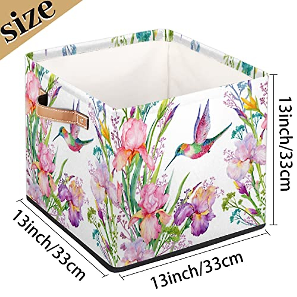 DJYQBFA Storage Basket Hummingbird Flowers Watercolor Collapsible Storage Bin with Handles Large Canvas Storage Cubes Toy Basket for Shelves Closet Nursery Cabinet Living Room Organizer 13x13x13