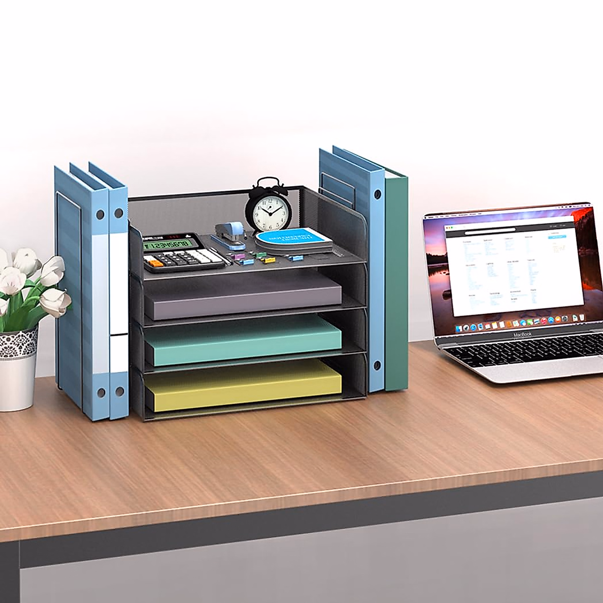 LUCYCAZ Desk Organizer with File Holder - File Organizer for Desk, 4 Tier Desktop Organizer Stackable Paper Letter Tray with Magazine Holder, Mesh Desk Paper Storage for Office, School, Home, Black