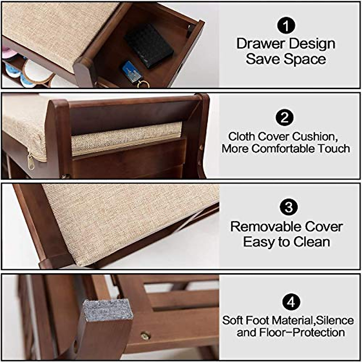 Bamboo Shoe Bench Rack with Removable Cushion, 2 Tier Entryway Shoe Storage Organizer Shelf with Hidden Drawer and Umbrella Stand for Living Room, Bedroom and Bathroom