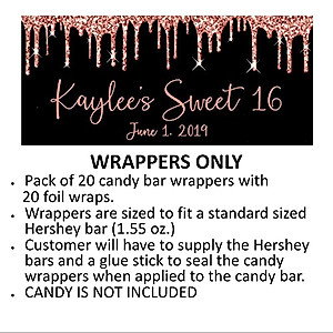 Glitter Drip Personalized Candy Bar Wrappers for Chocolate, Birthday Party Favors, Hershey Bar Labels for Baby Shower, Bridal Shower, Pack of 20 (Rose Gold/Black)