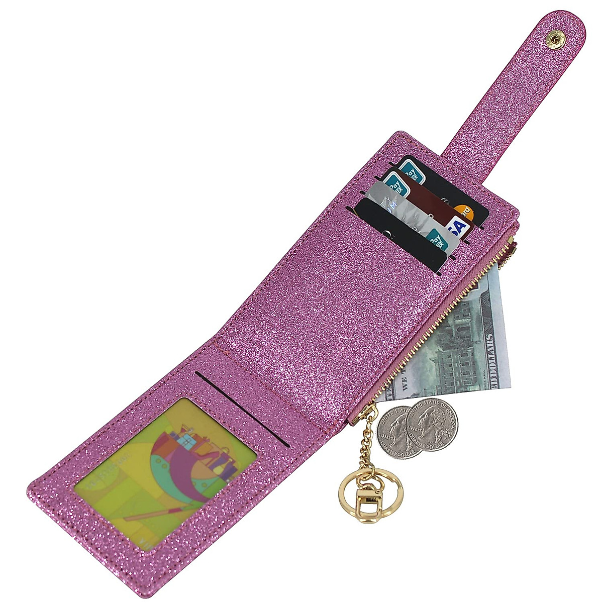 FFpaw Glitter Credit Card Wallet for Women Shiny Small Coin Purse RFID Blocking Card Holder with Key Ring (Shiny Rose)