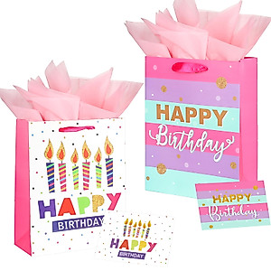 Dimetey 2 Pack 12.6" Large Gift Bag with Tissue Paper and Happy Birthday Card for Birthdays (Pink)
