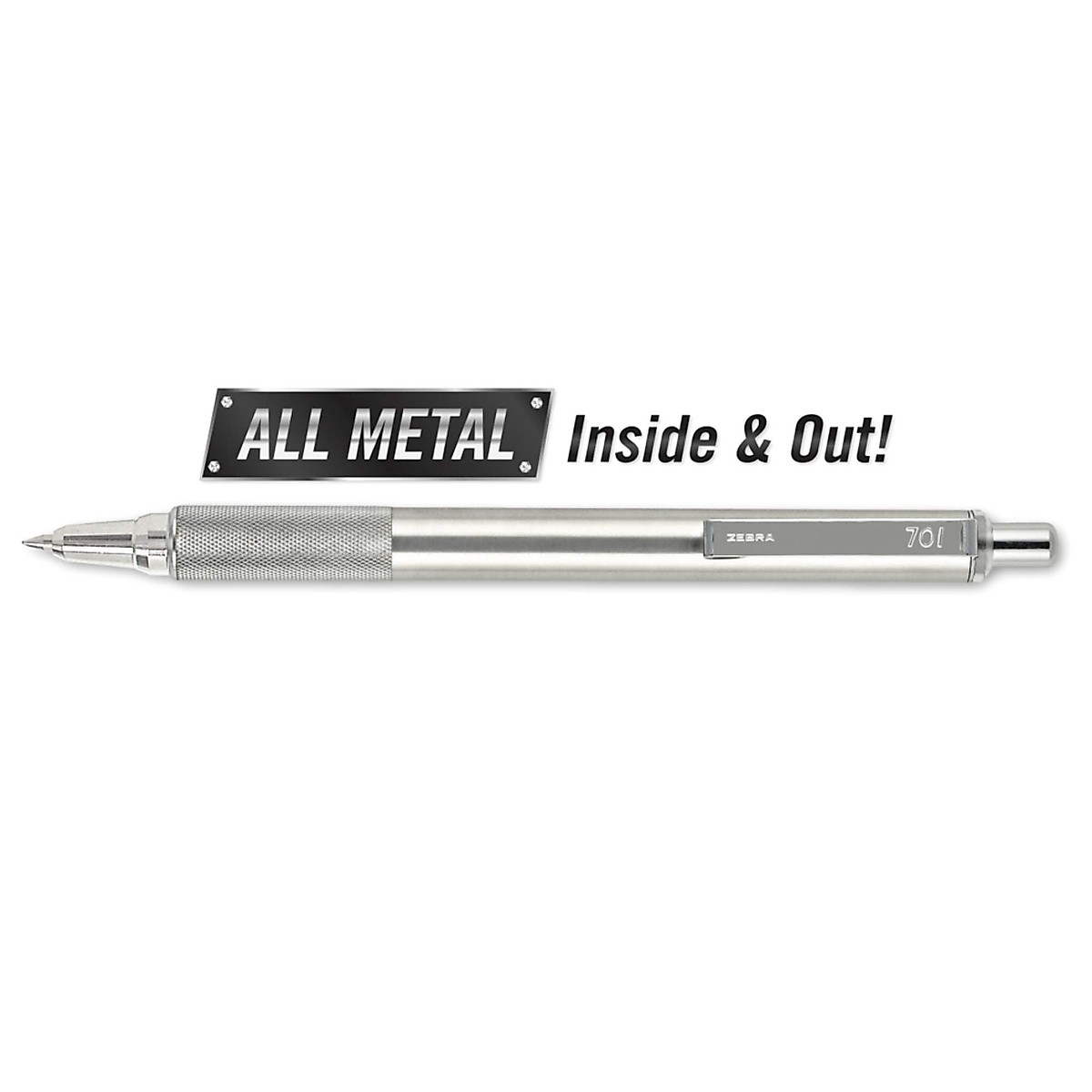 Zebra F-701 Metal Pen, Ballpoint Fine Point Stainless Steel Pen, Knurled Grip, 0.8mm Black Ink, Zebra F701 Retractable Silver Metal Pen with 2 Black Ink Refills in Pack For Women & Men 21213ELG