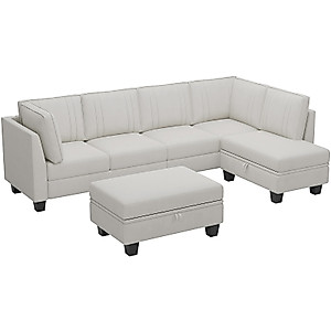 Belffin Velvet Sectional Sofa with Storage Ottoman Cream L Shaped Couch Sofa Convertible L-Shaped Sofa Beige