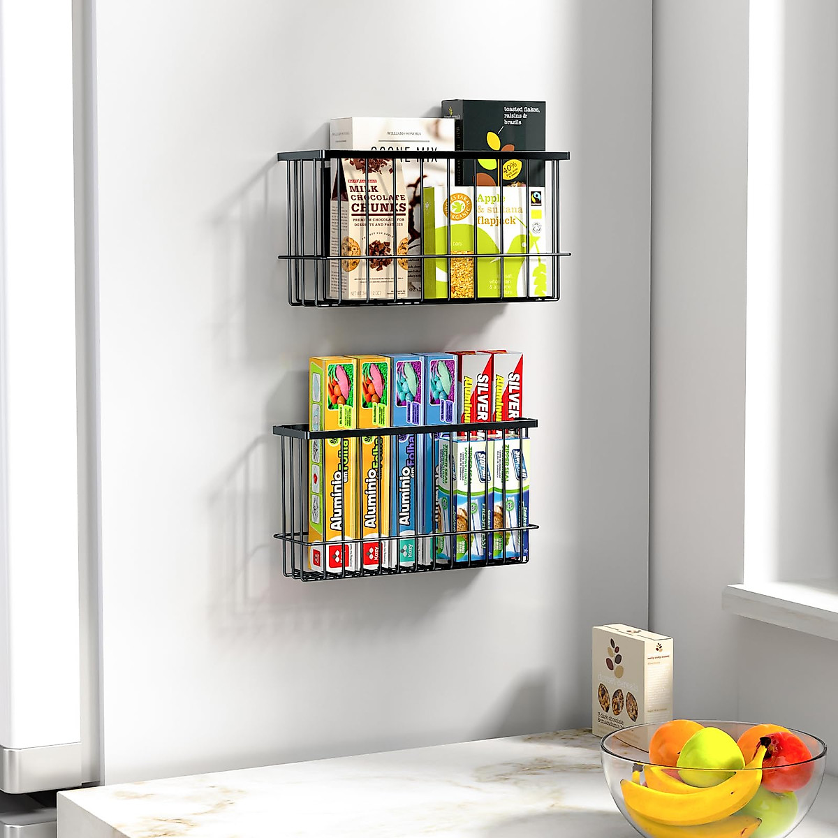 NiHome Magnetic Metal Basket Organizers 2PCS Medium & Small, Versatile Storage for Kitchen & Office Holds Up to 14 lbs, Easy Attach to Refrigerator or Any Magnetic Surface, Space-Saving Design (White)