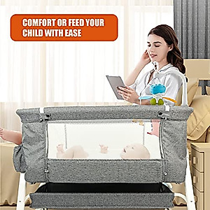GJCOS Baby Bassinet Bedside Sleeper (Gray) - 3 in 1 Bedside Bassinet Cribs, Breathable Attached Mesh Side, Toddler Bassinet Attach to Bed, Adjustable & Convertible Bassinet Baby Co Sleeper for Bedside