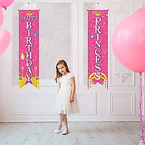 Sumind Princess Birthday Decorations Royal Check Flag Event Banner Princess Backdrop Porch Sign Welcome for Girl Birthday Theme Party Mardi Gras Parade Decoration Pink