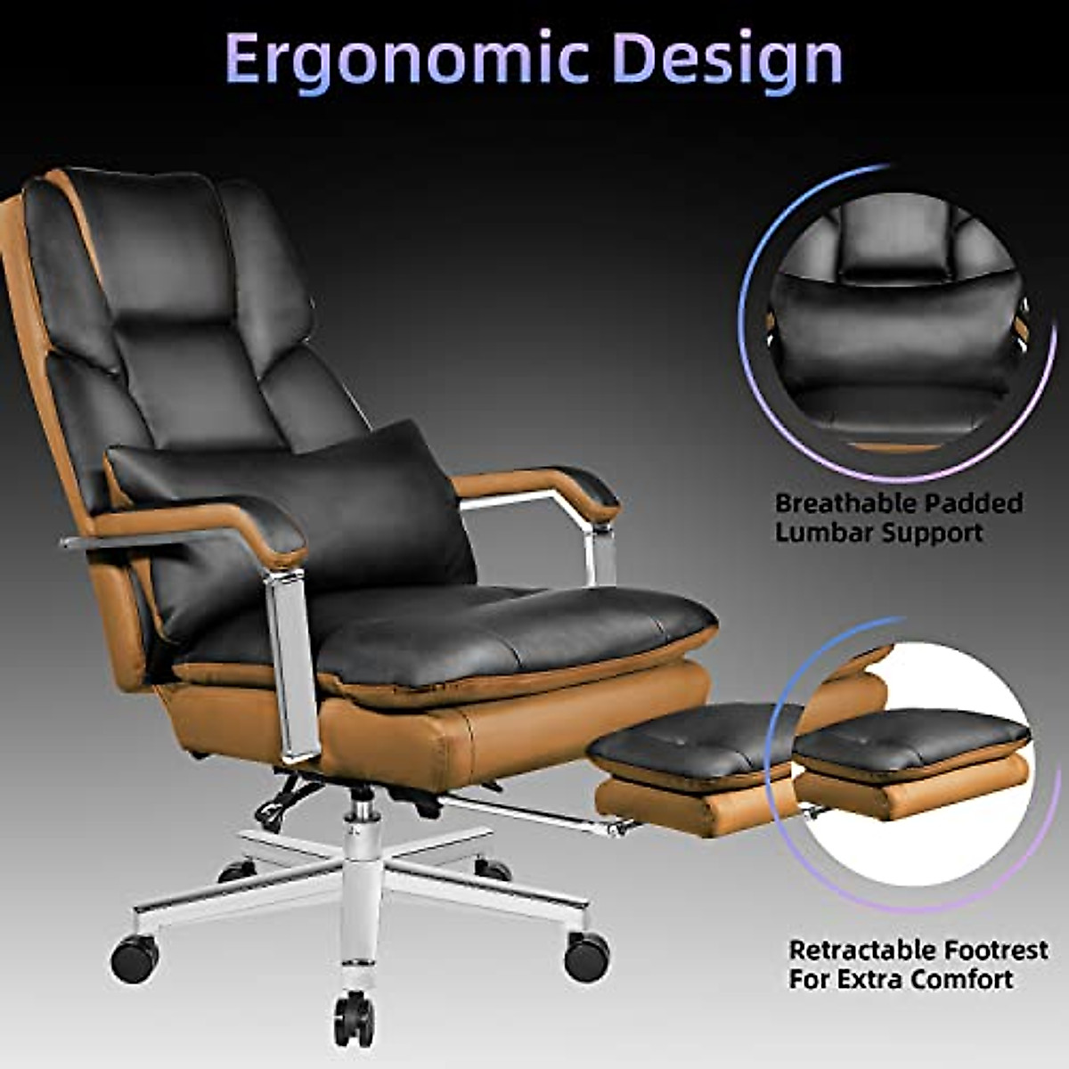SeekFancy Reclining Office Chair with Footrest O203, Big and Tall Office Chair 500lbs Wide Seat with 170° Backrest, High Back Large Executive Office Chair Lumbar Support，Black Leather Managerial Chair