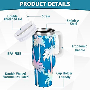 DIGTIA Stainless Steel Insulated Tumbler w/Handle & Straw, Palm Trees Colorful Double Wall Vacuum Travel Coffee Mug Cup w/Lid, Leak-Proof Sports Summer Water Bottle,30oz