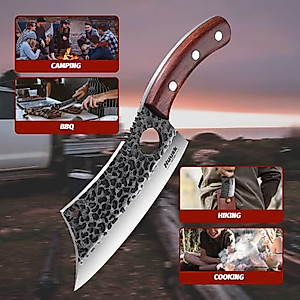 Huusk Japan Knives, Viking Knife with Sheath Meat Cleaver Knife for Meat Cutting Hand Forged Chef Butcher Knives Full Tang Boning Knife Outdoor Cooking Knife for Kitchen Deboning or Camping BBQ