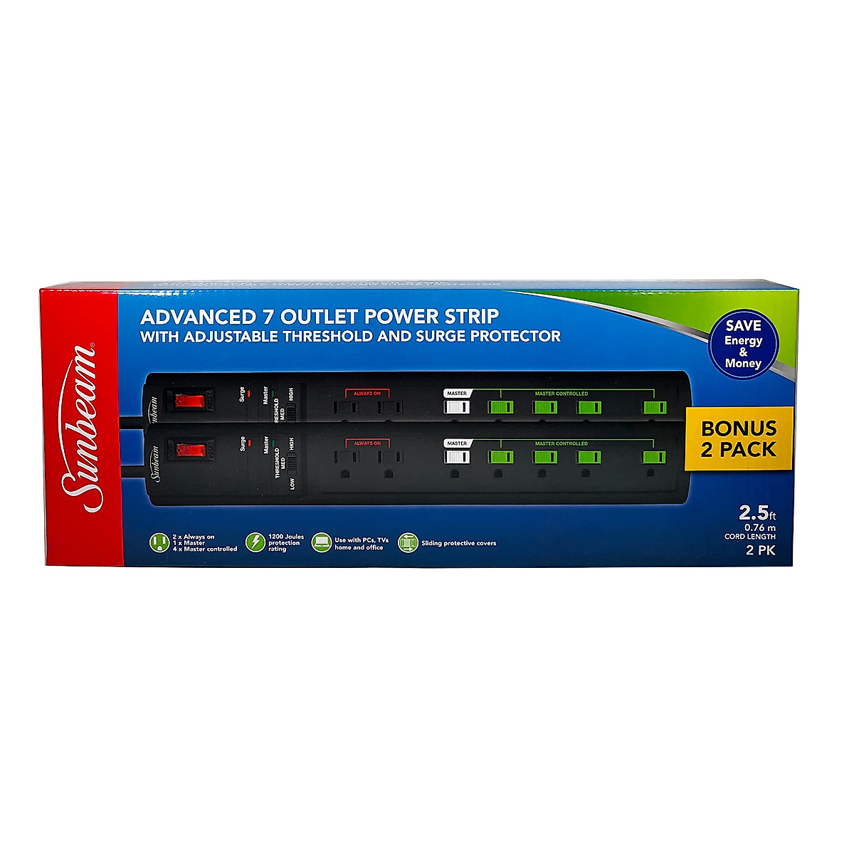 Bonus 2 Pack Sunbeam 7 Outlet 15A Wall Mount Power Strip with Adjustable Threshold, Surge Protector