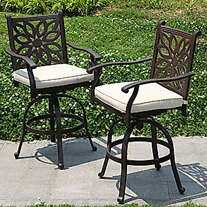 PHI VILLA Outdoor Swivel Bar Stools, Cast Aluminum Patio Pub Height Swivel Arms Chairs with Seat Cushion, Set of 2, Easy Assemble