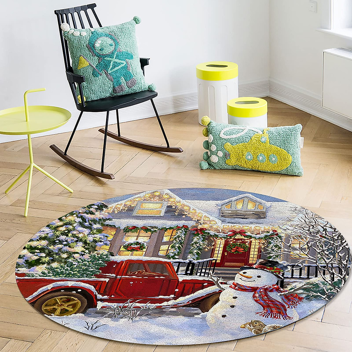 Christmas Snowman Round Area Rugs 5 ft Diameter Indoor Mats Farmhouse Happy New Year Red Truck Snowflake Xmas Tree Soft Living Room Bedroom Unique Carpet Woman Yoga Mat Home Decor