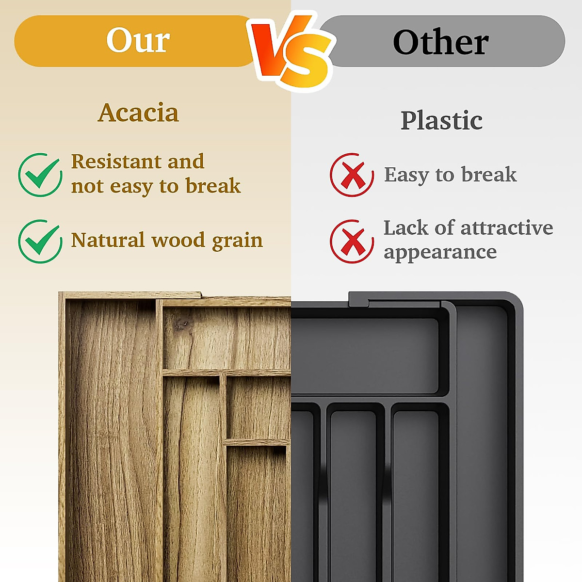 Kiasthome Acacia Wood Kitchen Silverware Drawer Organizer, Expandable Utensil Cutlery Drawer Organizer with Dividers, Flatware Organizer Silverware Tray for Spoon, Fork, 13''-21''x16.9'' (6-8 Slots)