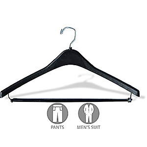 Heavy-Duty Black Plastic Suit Hanger with Locking Wooden Pant Bar, (Box of 100) 1/2 Inch Thick Curved Hangers for Uniforms and Coats by The Great American Hanger Company