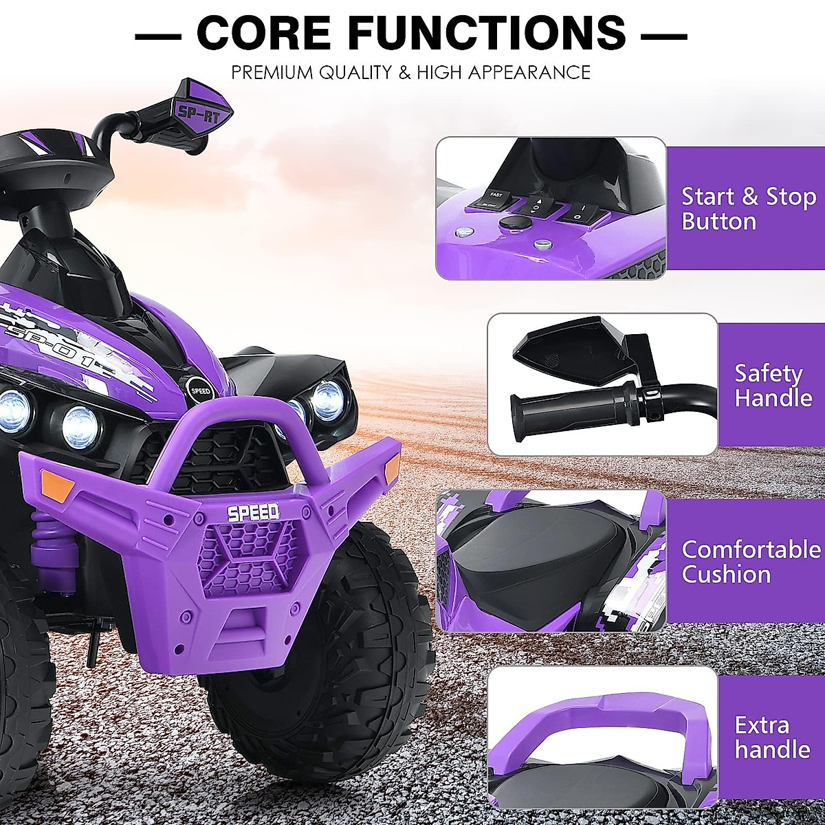 INFANS Kids Ride on ATV, 12V 4 Wheeler Quad Toy Vehicle with Music, Horn, High Low Speeds, LED Lights, Electric Ride On Toy, Battery Powered Wheels Car for Kids Over 3 Years Old (Violet)
