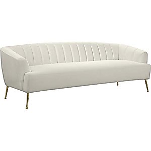Meridian Furniture Tori Collection Modern | Contemporary Velvet Upholstered Sofa with Deep Channel Tufting and Ball Designed Custom Gold Legs, 84.50" W x 31.5" D x 29.75" H, Cream