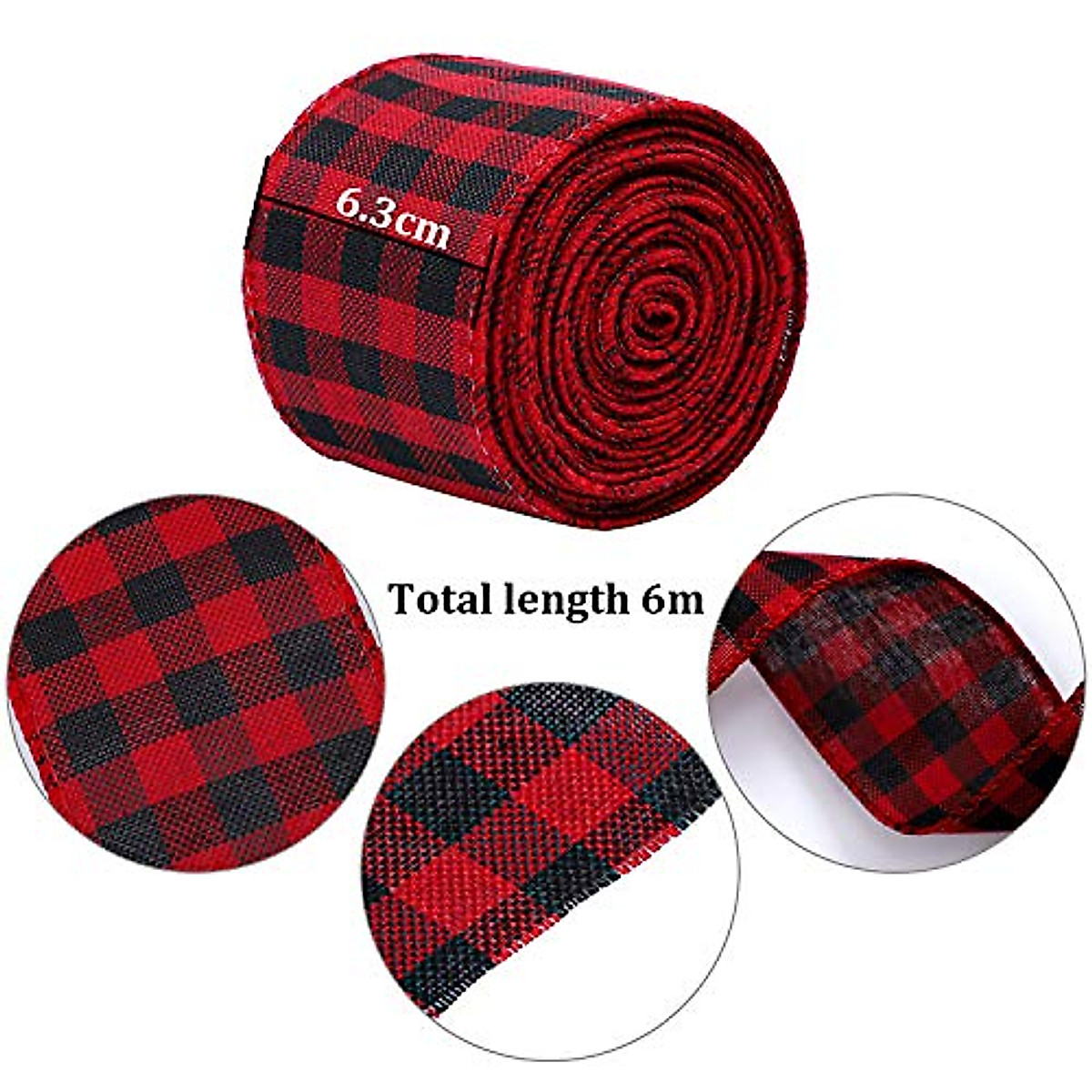 URATOT 2 Rolls Red and Black Plaid Burlap Ribbon Wired Ribbon Christmas Wrapping Ribbon for Christmas Crafts Decoration, Floral Bows Craft, 472 by 2.48 Inch