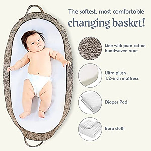IK MART – Baby Changing Basket – 100% Cotton Rope Diaper Basket - Changing Pad, Portable and Waterproof - with Extra Pad and Burp Cloth - Lighter in Weight - Boho Nursery Decor