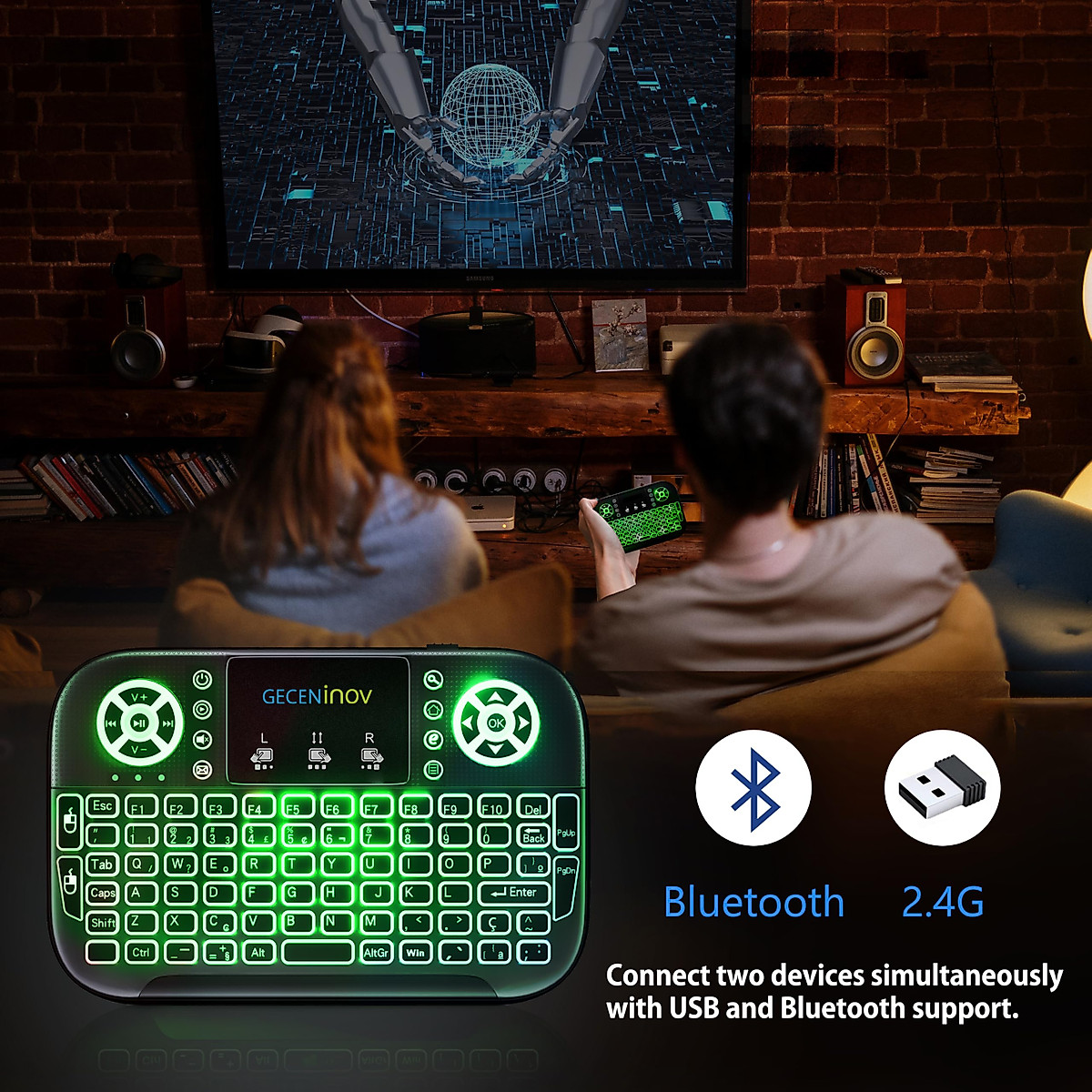 GECENinov Mini Wireless Touchpad Keyboard, Portable , 7 Colors RGB Backlit , 2.4G Rechargeable Remote Controller Mouse Combo, Compatible with PC, Laptops, Smart TVs, Gaming