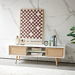 YOUGUO Rattan TV Stand for 65 Inch TV, Boho Entertainment Center with Natural Rattan Sliding Doors & Adjustable Shelf, Wood TV Media Console for Living Room, White