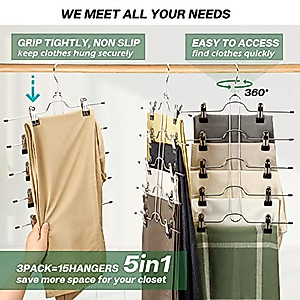 Pants Skirt Hangers Space Saving - DOIOWN Skirt Hangers for Women 5 Tier Pants Skirt Hangers with Clips Non Slip Metal Clothes Hangers for Jeans, Scarf, Shorts Closet Organizers and Storage 3 Pack