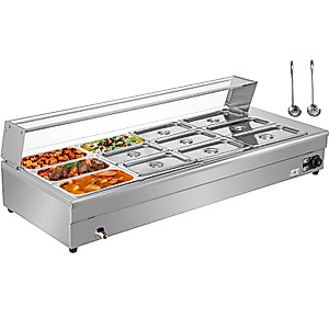 VEVOR 110V Bain Marie Food Warmer 12 Pan x 1/3 GN, Food Grade Stainelss Steel Commercial Food Steam Table 6-Inch Deep, 1800W Electric Countertop Food Warmer 96 Quart with Tempered Glass Shield