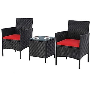 SOLAURA 3-Piece Patio Bistro Set Black Wicker Outdoor Furniture Patio Chairs with Glass-top Coffee Table (Red Cushion)