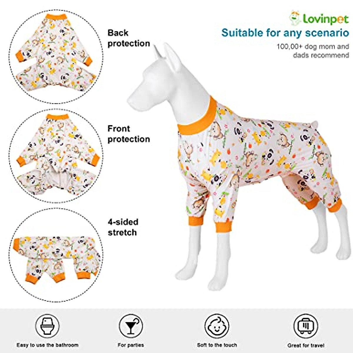 LovinPet Boxer/Pitbull Mix Pajamas - Pet Anxiety Relief Shirt, Dog Pajamas, UV Protection Comfy Stretchy Fabric, White Animal Print, Large Dog Pjs, Pitbull Clothes, Surgical Recovery Shirt,Orange 3XL