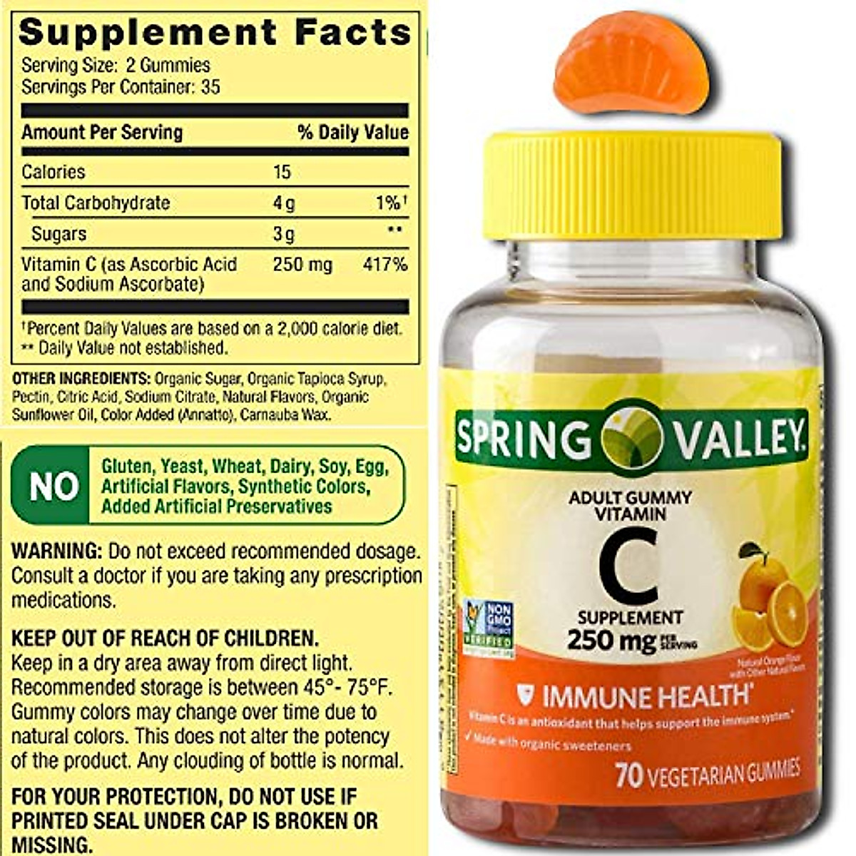 Vitamin C Gummies for Adults - Immune Support - 250 mg (70 ct) from Spring Valley + Vitamin Pouch and Guide to Supplements