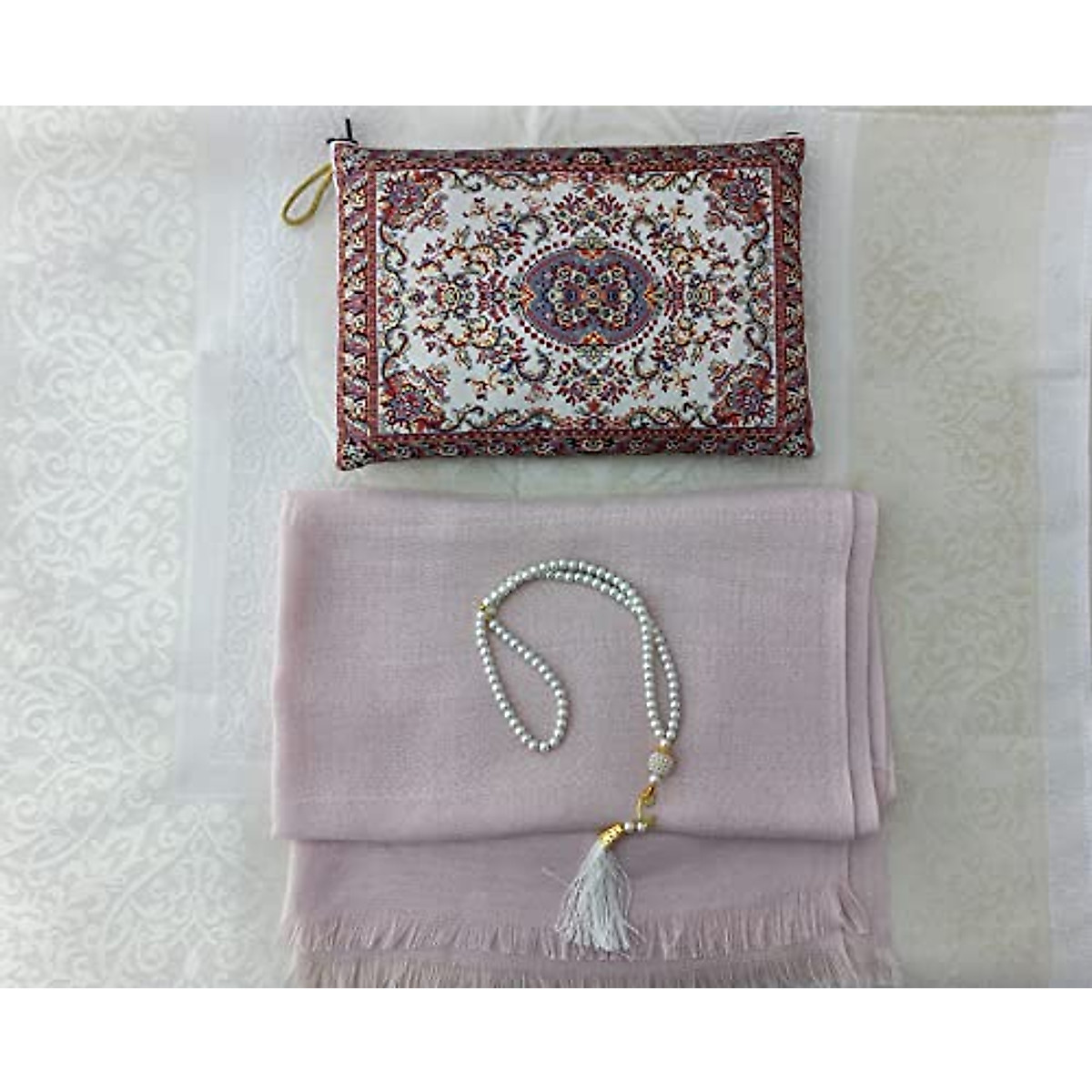 Prayer Rug with Scarf and 99 Beads,Floral Pouch,Travel Prayer Rug, Prayer Rug Gift Set,Taffeta Prayer Rug,5 It’s a Lovely Gift for Birthday, Ramadan, Gift for Eid. Muslim Gift (Cream Scarf Set)