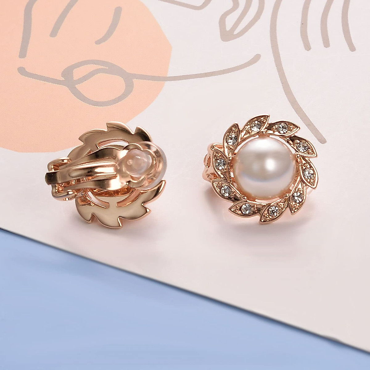JOLCHIF Faux Pearl Clip on Earrings for Women Non Pierced Ear 18K Rose Gold Plated Sunflower Cz on Wedding Earrings Jewelry