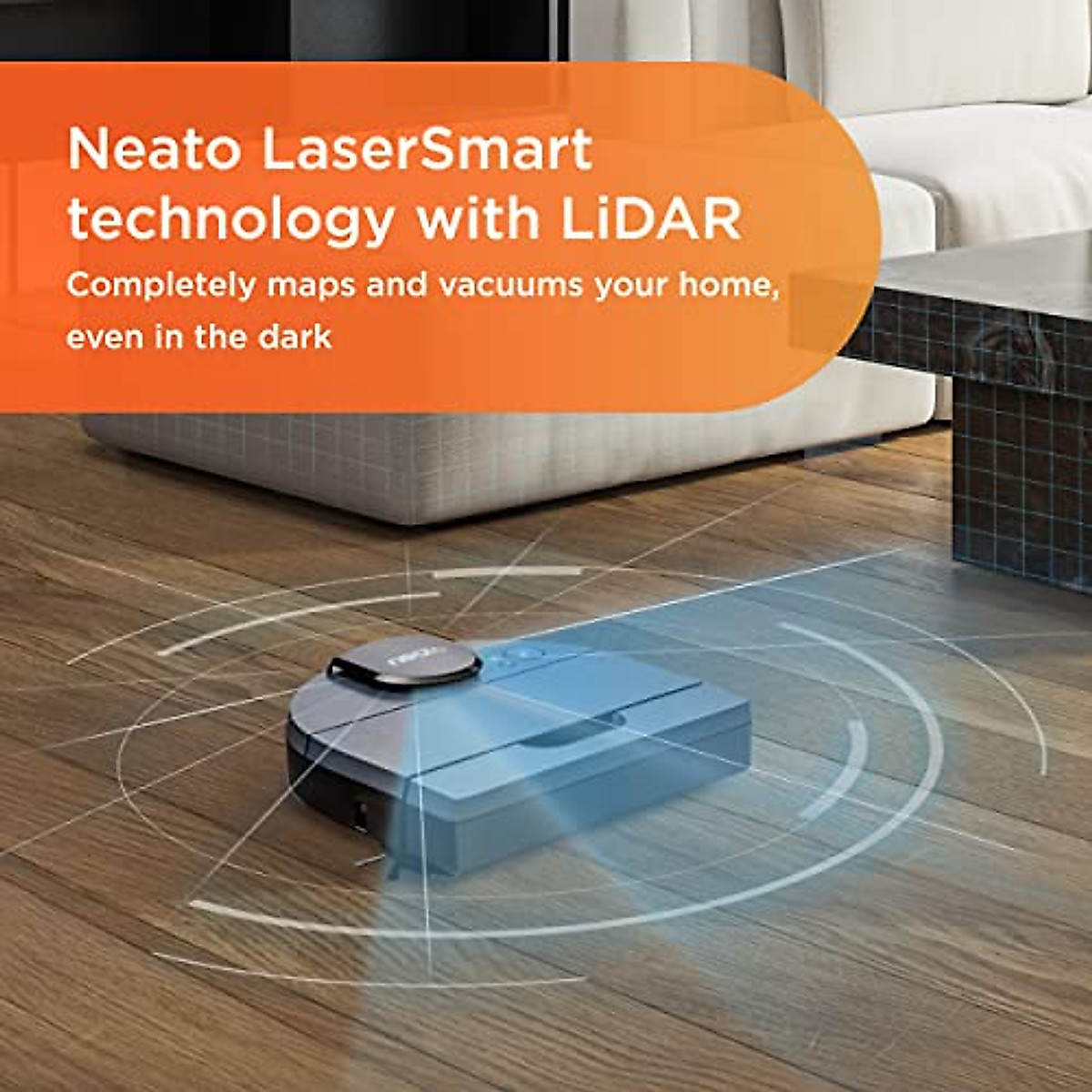 Neato D9 Intelligent Robot Vacuum Cleaner–LaserSmart Nav, Smart Mapping, Cleaning Zones, WiFi Connected, 200-Min Runtime, Powerful Suction, Turbo Clean, Corners, Pet Hair, XXL Dustbin, Alexa. 945-0445
