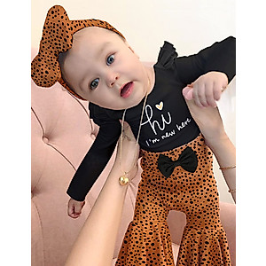 ADIFUN Newborn Girl Clothes Hi I'M New Here Black Ruffle Long Sleeve Tops Tights Leopard Baby Bell Bottoms Headband Hood 4pcs Set Newborn Baby Girl Outfits