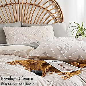 Senville Tufted Duvet Cover King Size,Jacquard Geometric Pattern,Soft Lightweight Beige Duvet Covers Set for All Seasons,3 Pieces Boho Shabby Chic Bedding Set with Zipper Closure(Cream Beige,King)